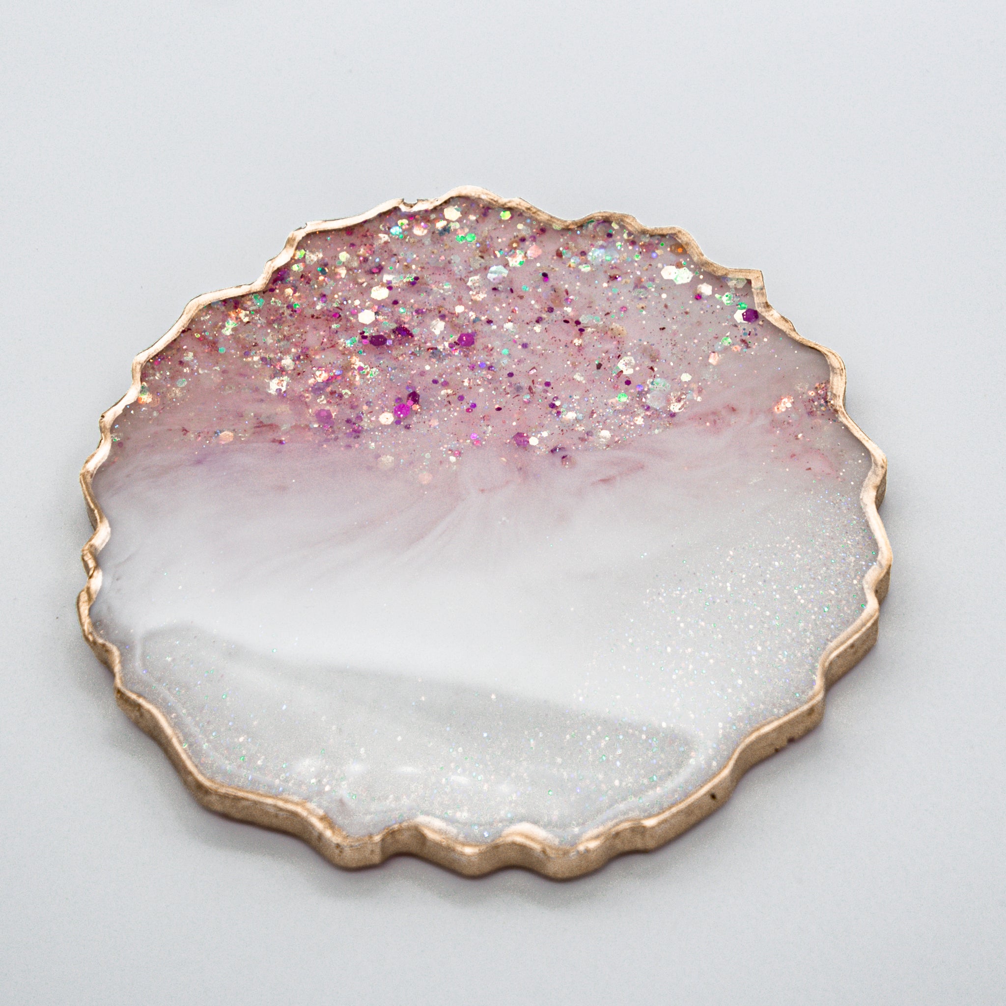 Pearl White Mica with Baby Pink Stone, Glass and Glitter Resin Coaster ...